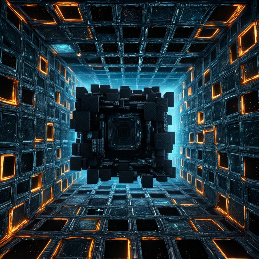 Hypercube materializing out of nothing, time distortion, infinite repetition of surroundings ...