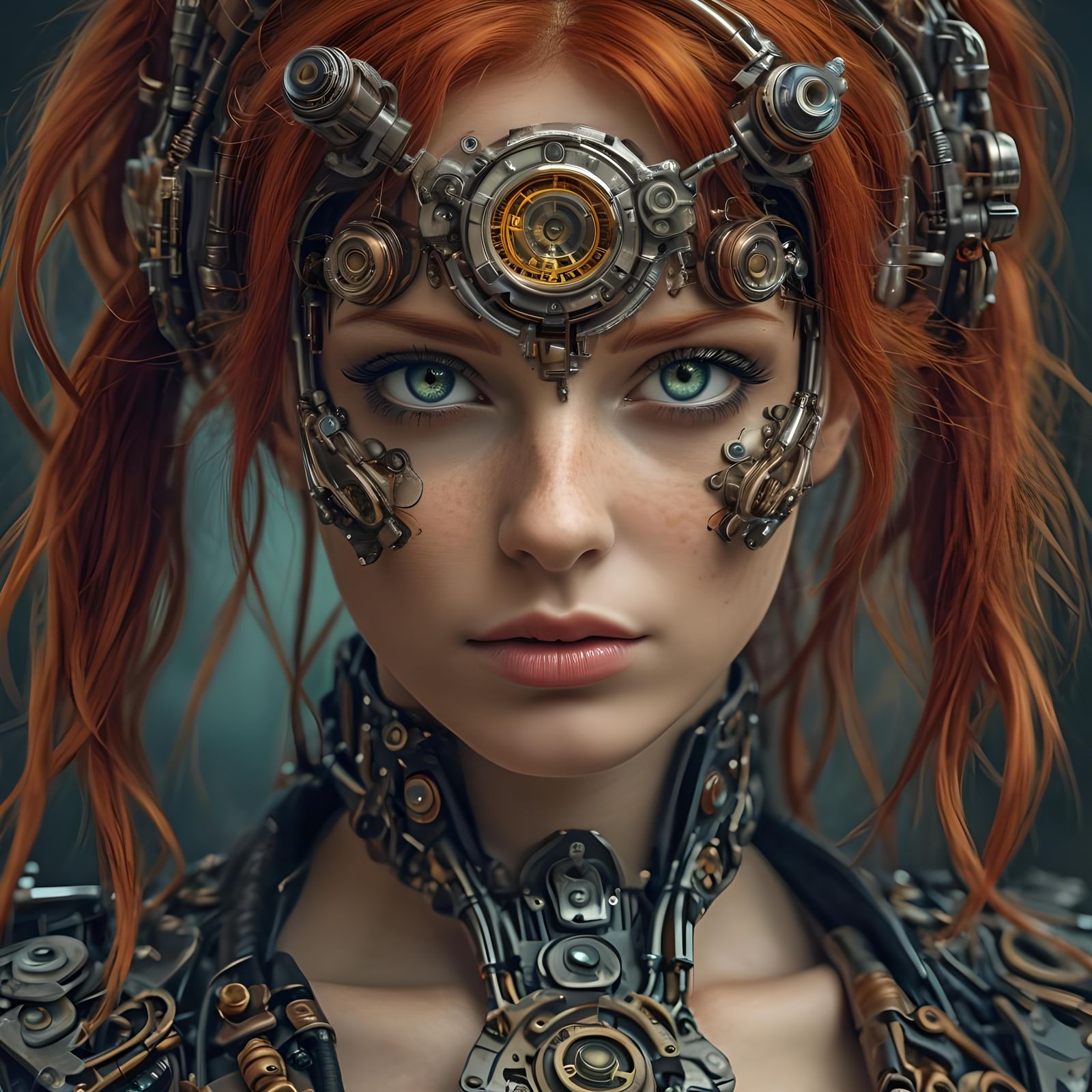 A beautiful red haired woman with cybernetic eyes and enhancements, bio ...