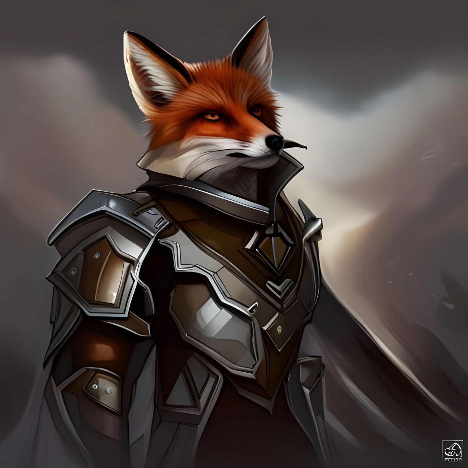 Portrait of a fox wearing silber armor, future warrior, high detail ...