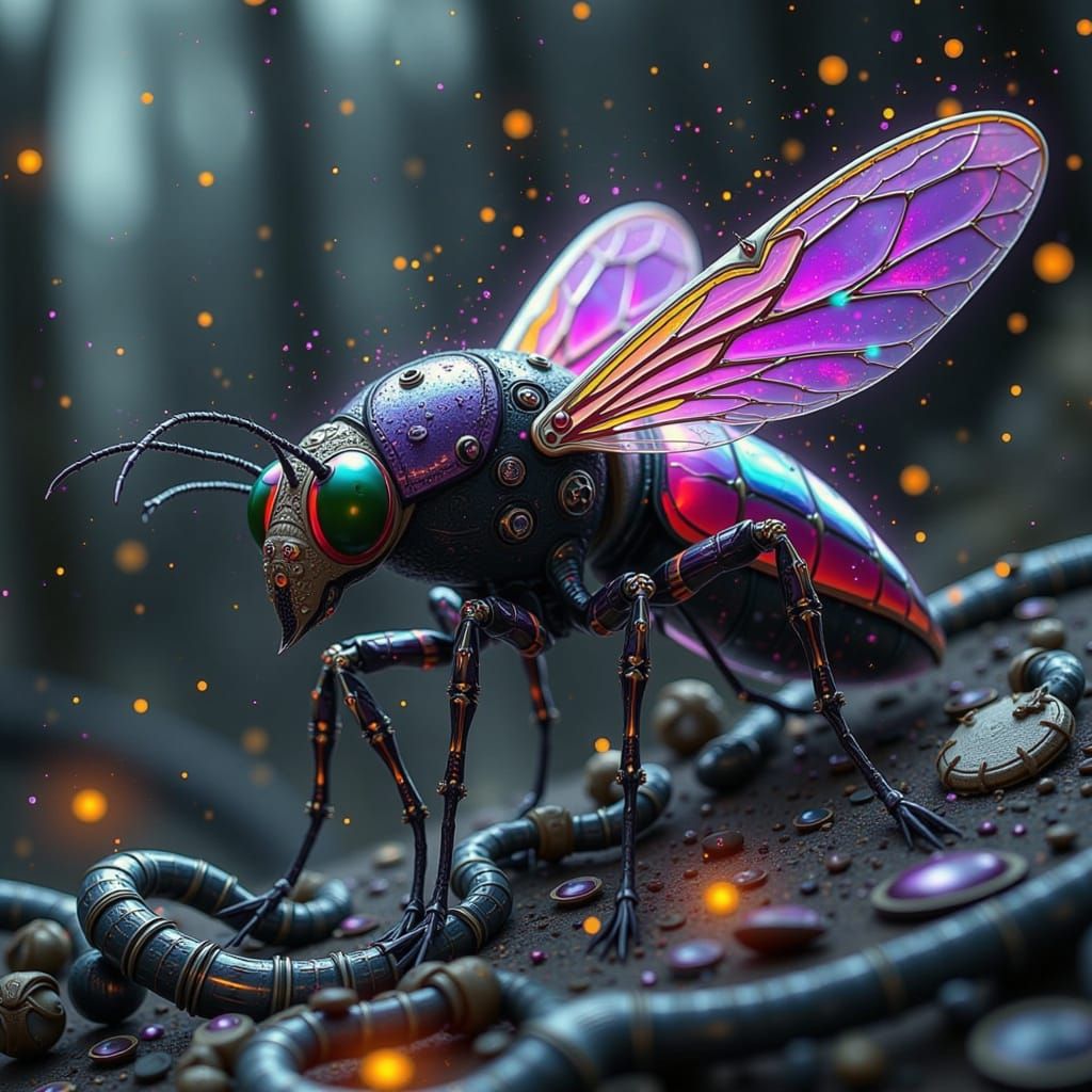 Cyberpunk Fae Hybrid with Iridescent Wings and Dea... - AI Art