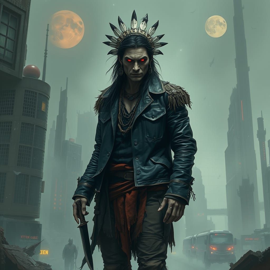 Native American Vampire Shaman in Futuristic City - AI Art