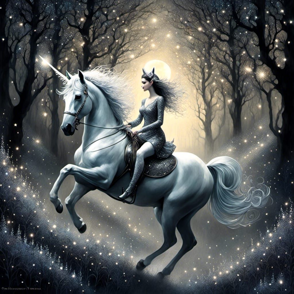 Silver Moonlit Forest, a fae riding a unicorn, happy, fantasycore ...
