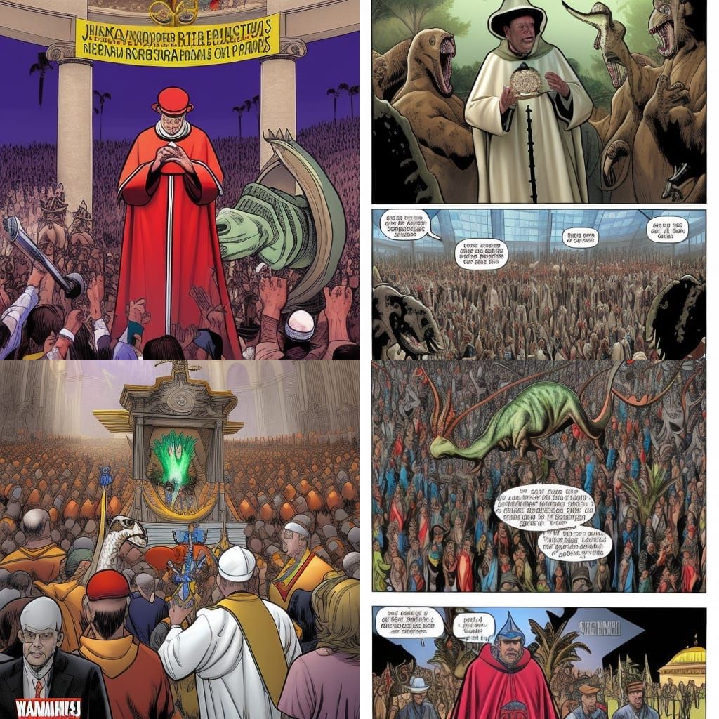 dinosaur dressed as pope in ceremonial robes and hat and holding ...