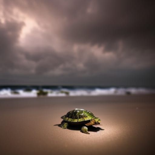 a baby turtle on a beach at night, silver ocean, gray skies, sad and ...