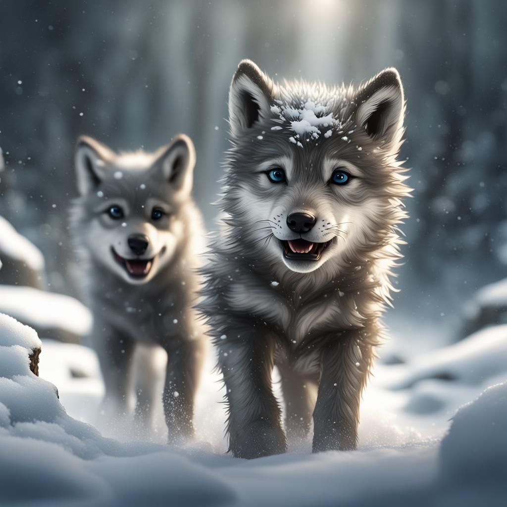 Wolf Cubs - Wolf Cubs Play in Winter Snow, Detailed Matte Pa...