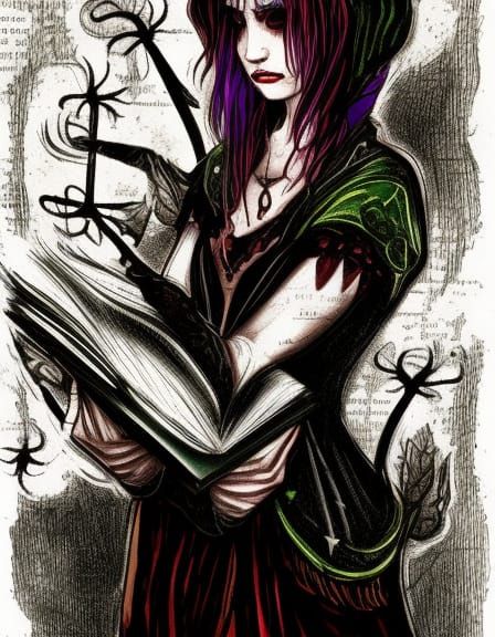 gothic bookworm inside a spellbook , light orbs all around her ...