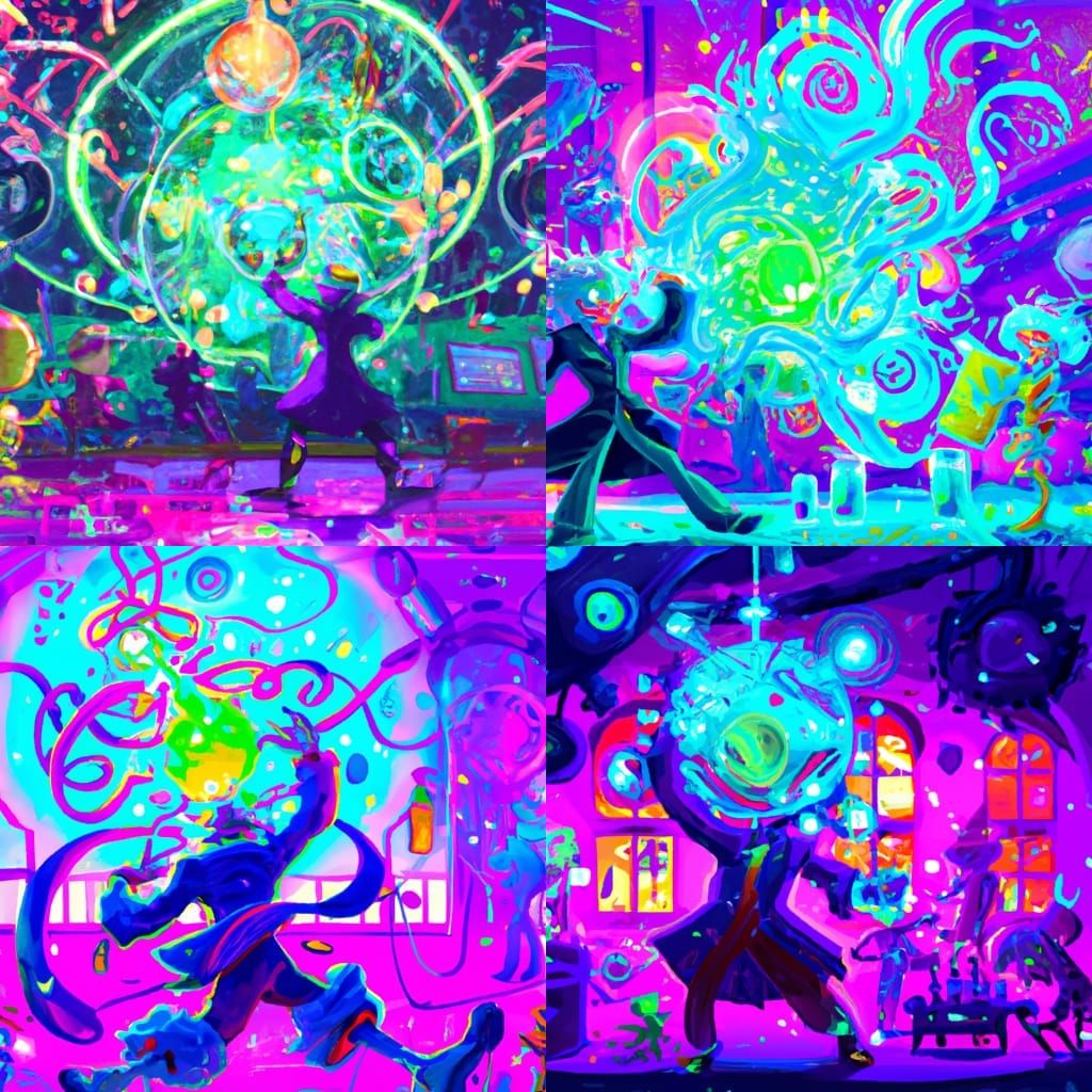 a mad scientist with an exploding glass ball and steampunk monsters ...