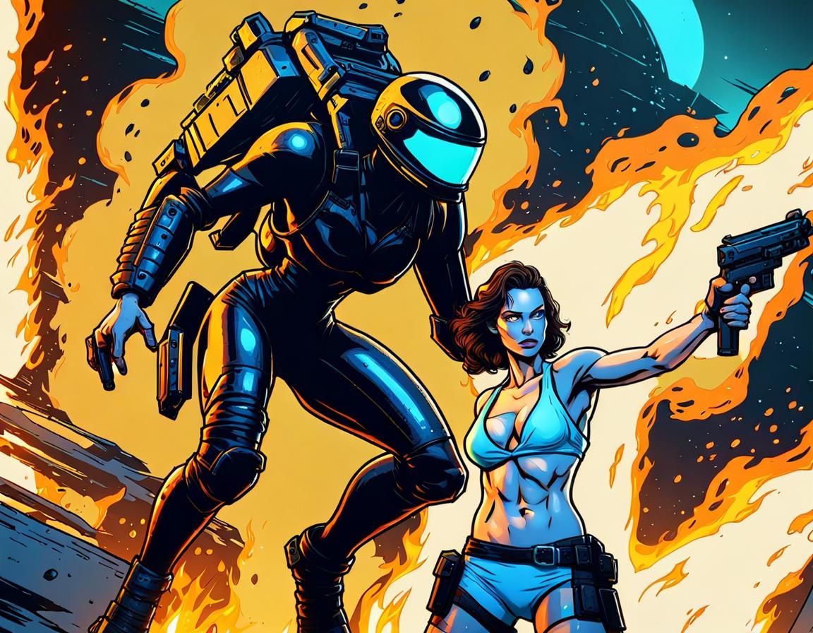 Ripley in bikini versus alien on fire, comic book art style, fortnite art style - AI Generated ...