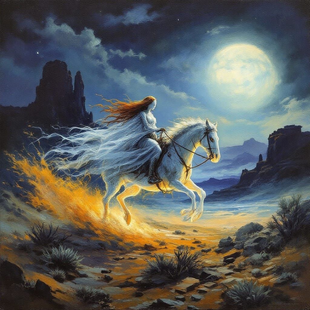 Phantom Lady of the Desert - Ethereal Ghost Rider in Moonlit...
