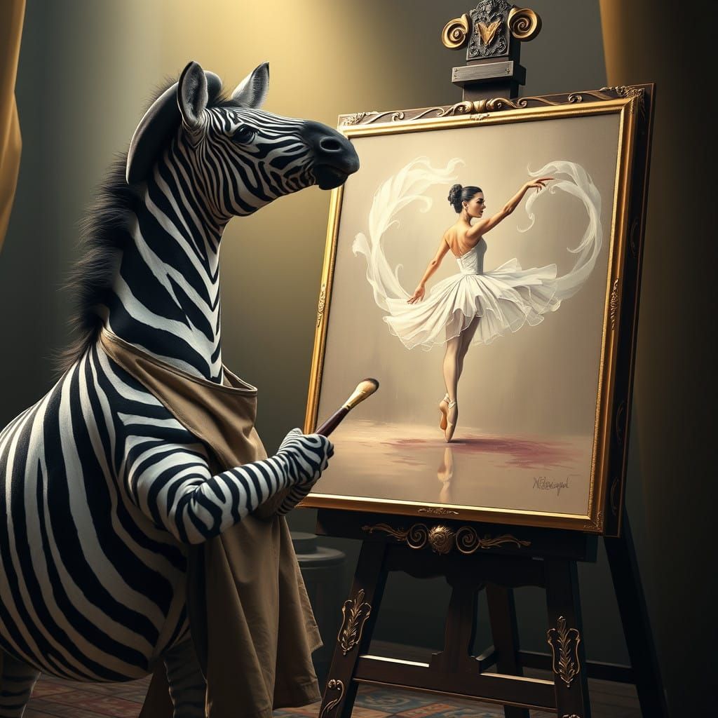 A Zebra Artist Paints a Dancer in Whimsical Realis... - AI Art