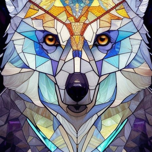 stained glass art mosaic mural white wolfs bears owls - AI Generated ...