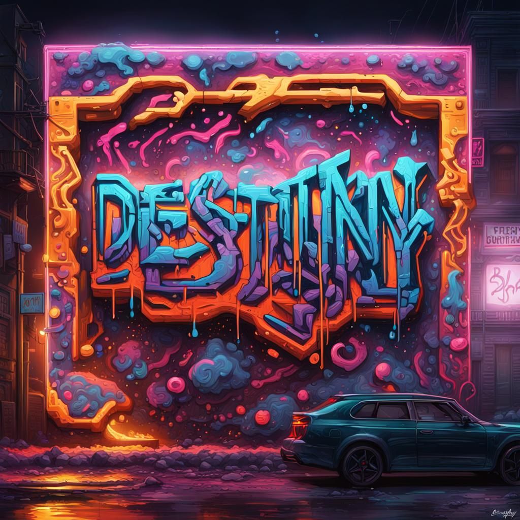 A neon sign saying Destiny graffiti art, splash art, street art, spray ...