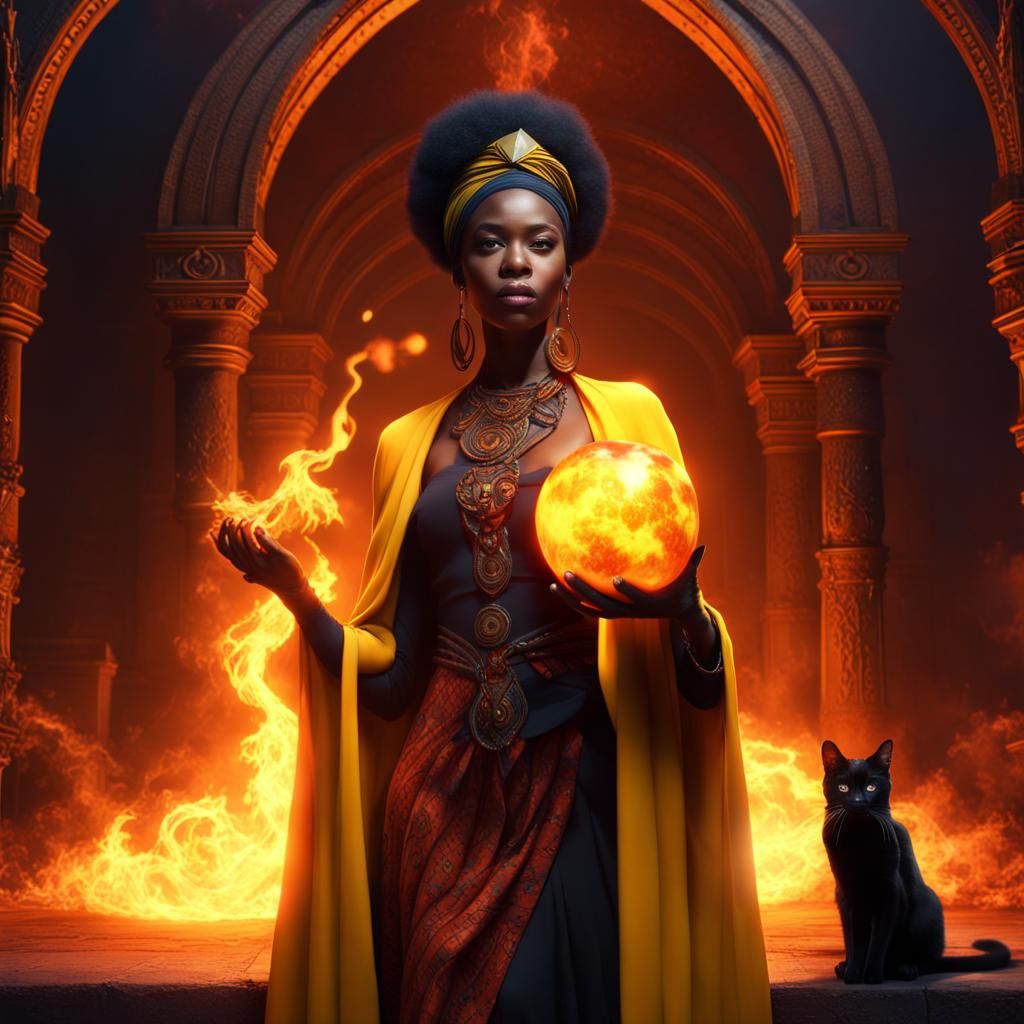 A beautiful African goddess fire witch wearing a bright yellow cloak ...