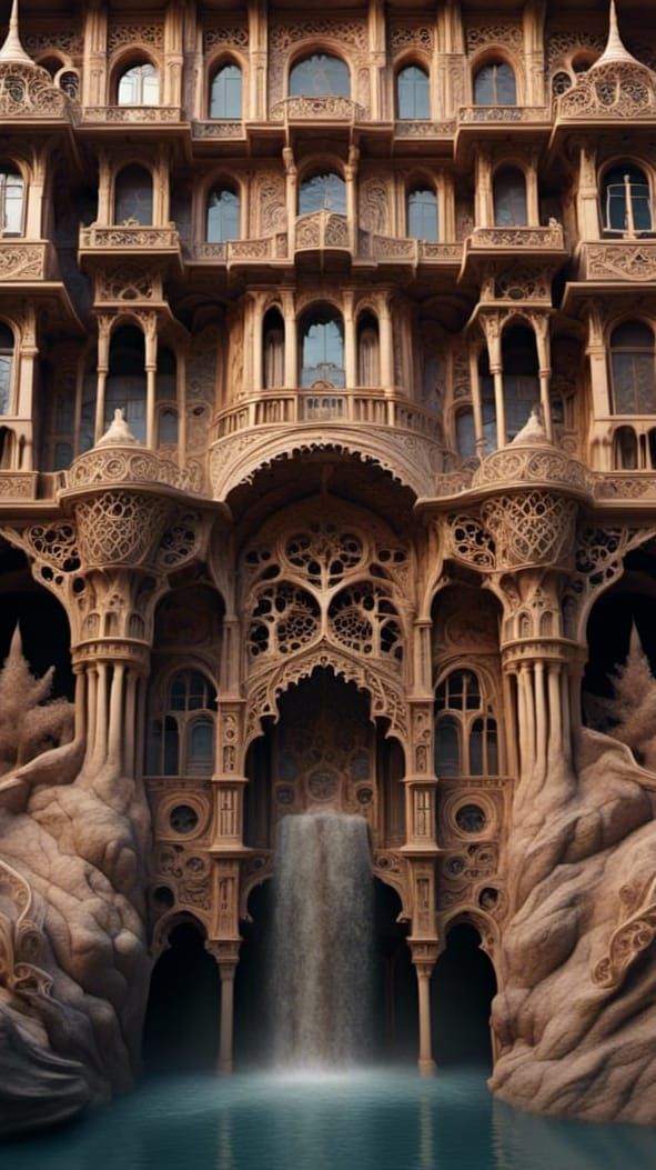 Intricate Moghul palace in a sandstone cliff. Carved doors and windows ...