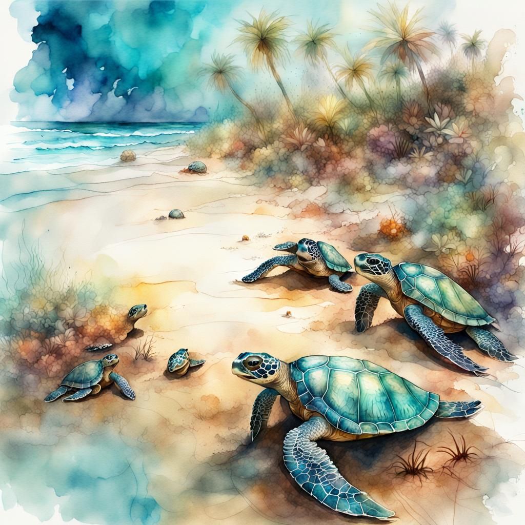 Sea turtles digging holes and laying eggs on the beach - AI Generated ...
