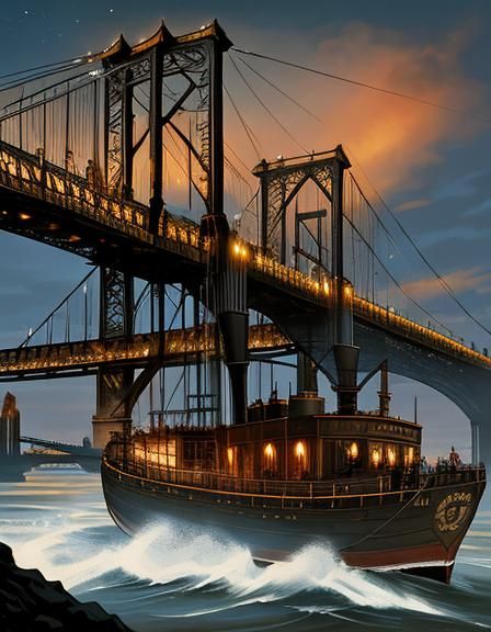 Giant steampunk railway transporter Bridge spanning the Missouri river ...