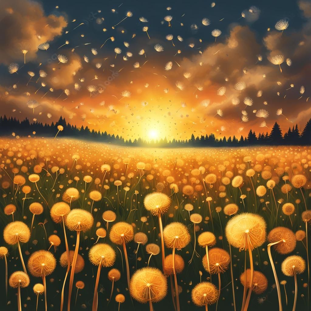 Field of Dandelion Flowers, Flower Seeds Floating, Atmospheric, Backlit ...