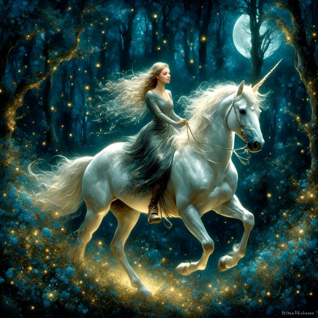Silver Moonlit Forest, a fae riding a unicorn, happy, fantasycore ...