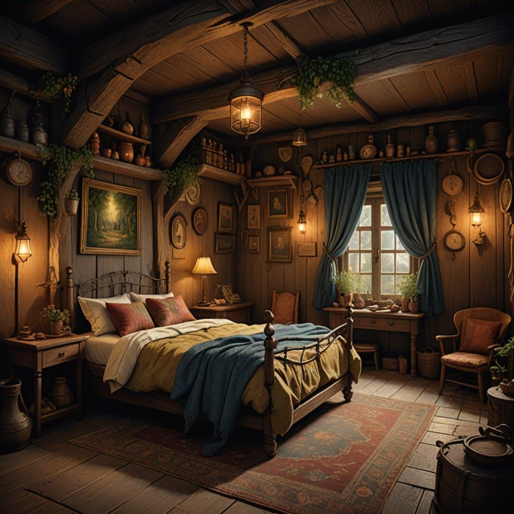 Cozy Fantasy Tavern Bedroom in Earthy Tones - AI Art