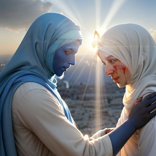 A blue skinned Muslim Angel protects an Injured bleeding Palestinian in ...