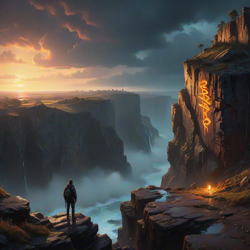 Dramatic Cliffside Figure in Stormy Landscape, Cin... - AI Art