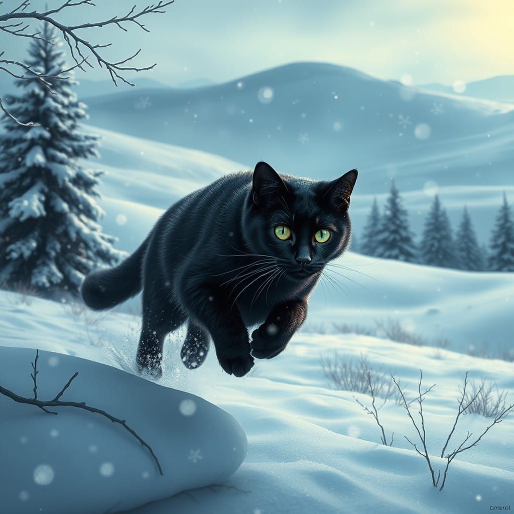 Majestic Midnight Cat Leaps into a Dreamy Snowscap... - AI Art