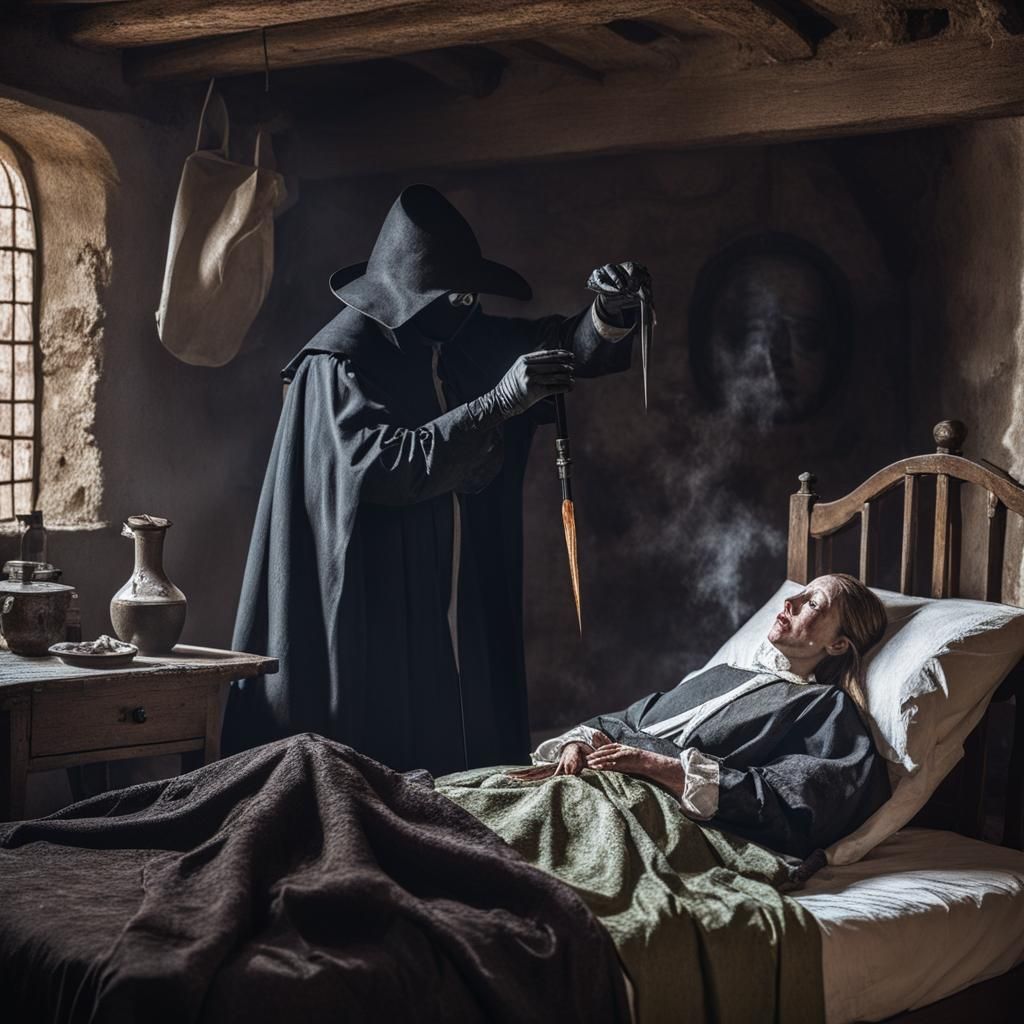 A plague doctor tinting to A sick young girl in bed with the plague in ...