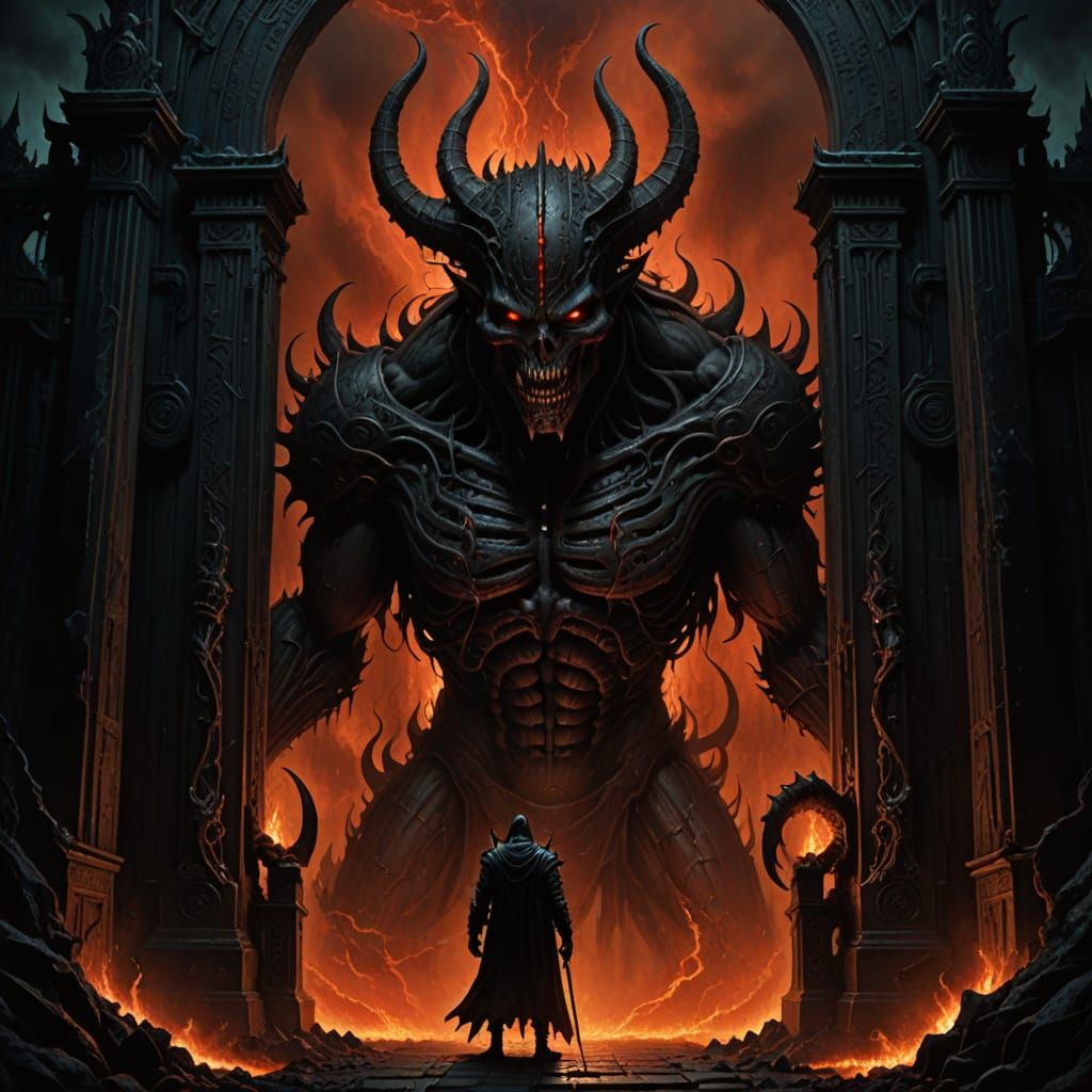 A scene in hell where a demon is standing by a big gate and is ...