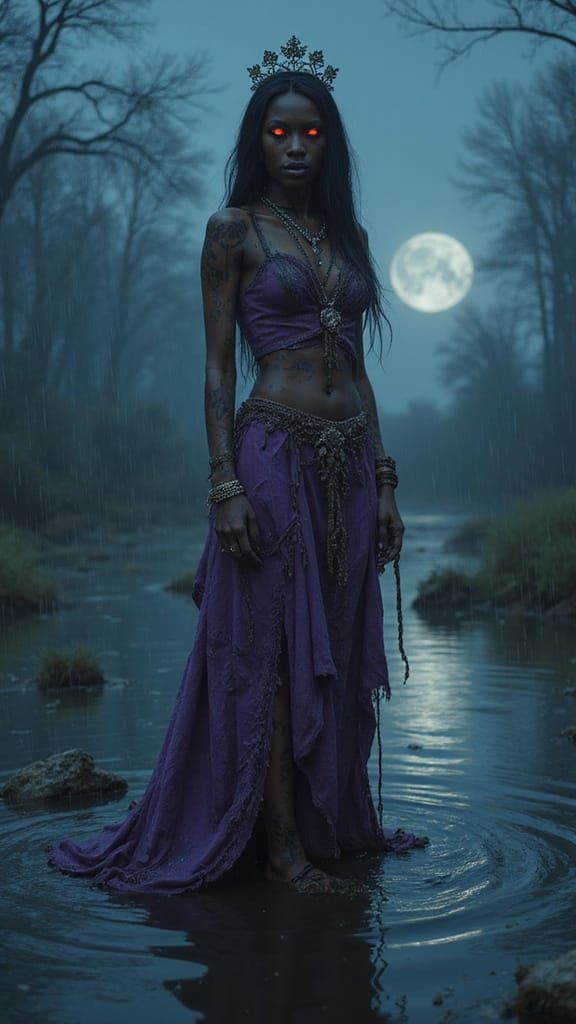 zombie woman with decaying features, standing in ankle-deep dark swamp ...