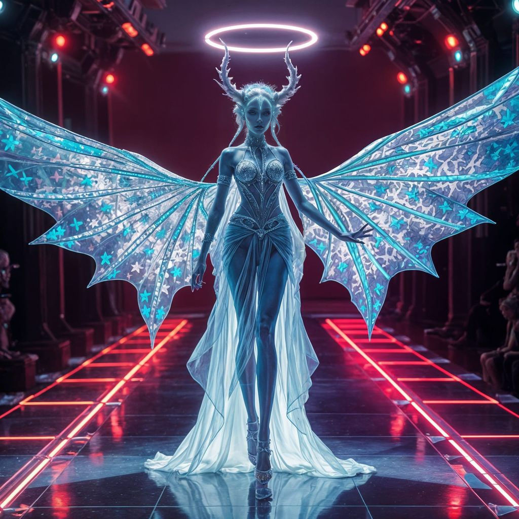fantasy creature showing off magical couture in a glowing runway setting