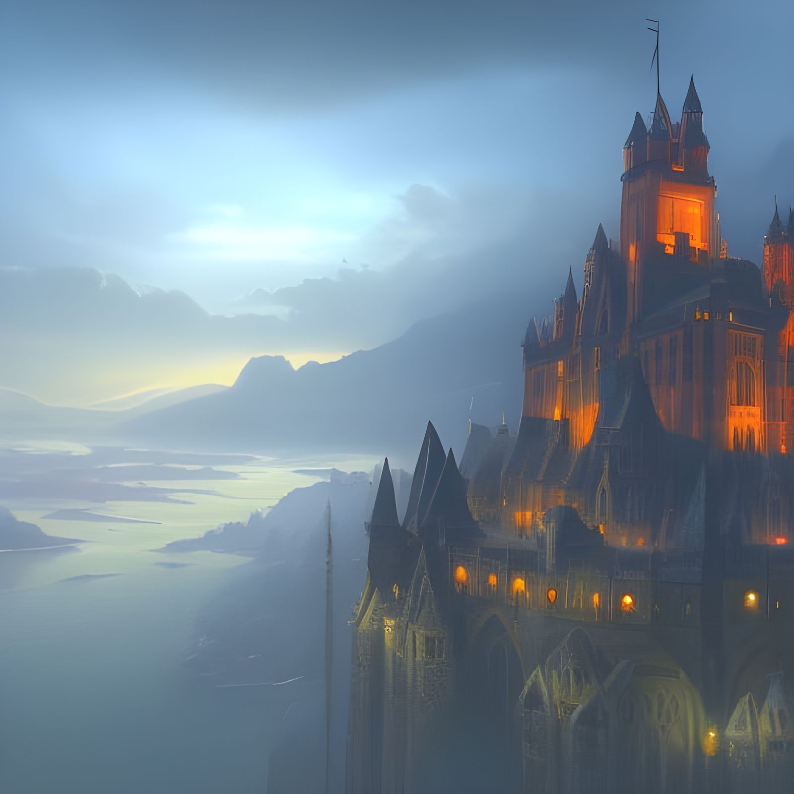 Background with a magical medieval symmetrical imposing castle at ...