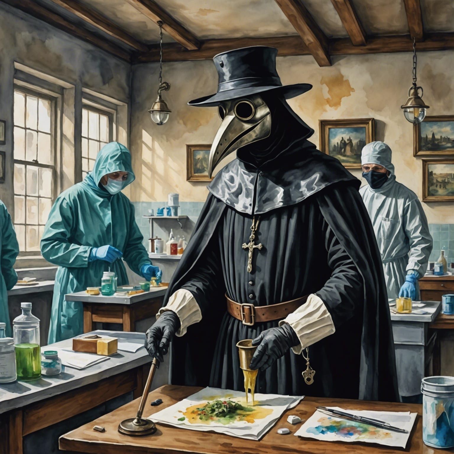 a plague doctor wearing a plague mask, working in a hospital with many ...