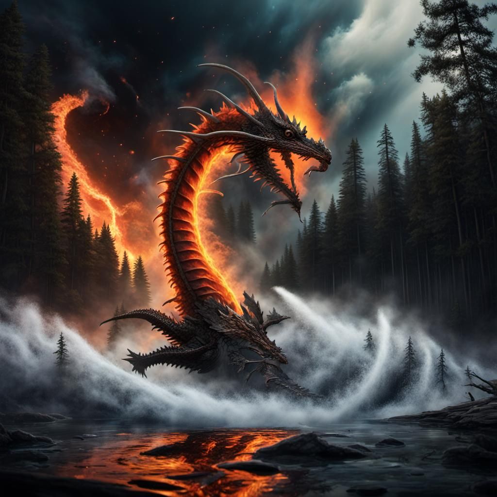 A sea dragon swimming around a tornado of fire. Background of a black ...