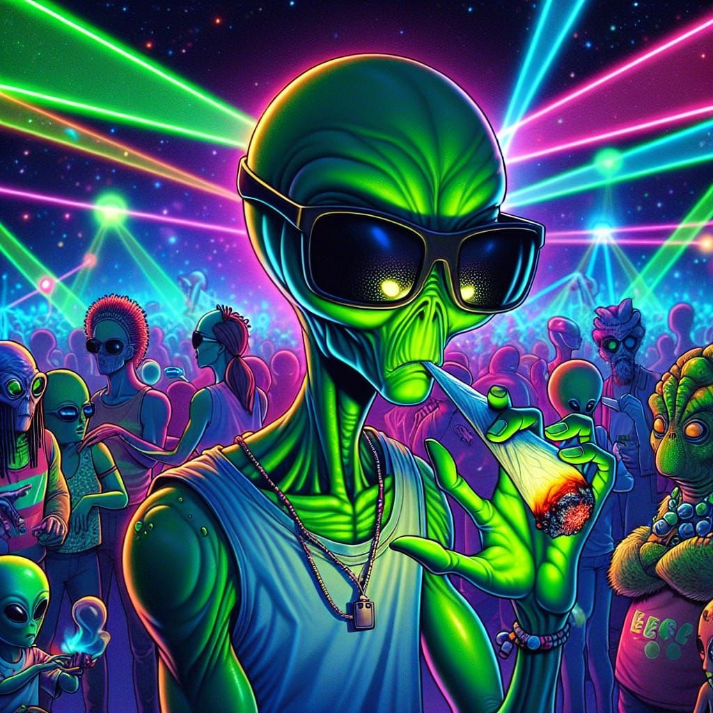alien smoking a joint at a rave party - AI Generated Artwork ...