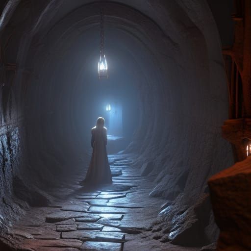 D&D dungeon underground stone passage chains lanterns hyperdetailed 8K ...