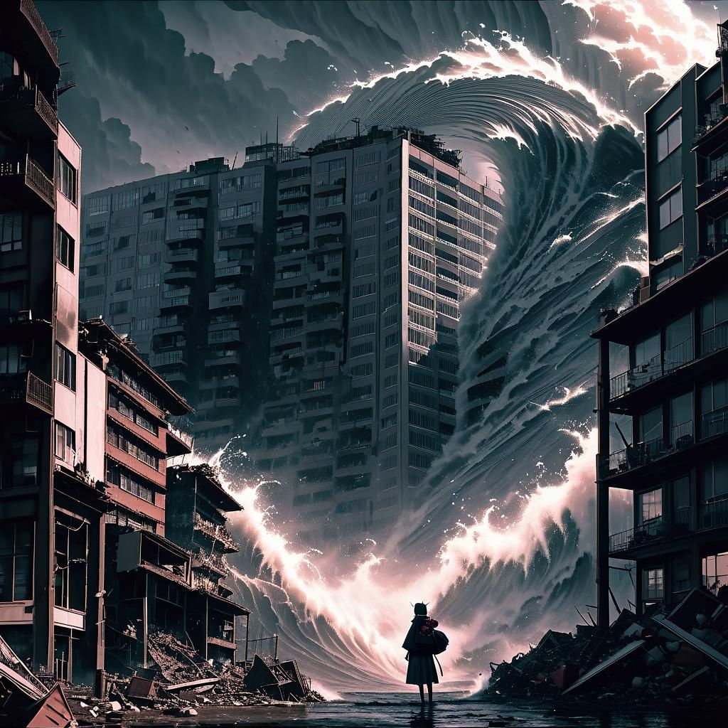 a massive tsunami wave striking and destroying a skyscraper, flooded ...