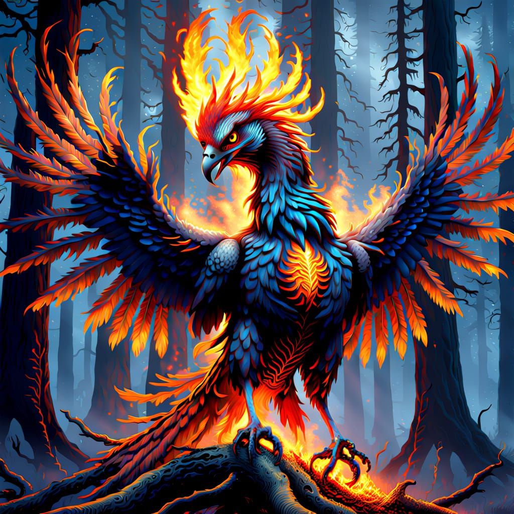 Skeletal Phoenix rising from the ashes of a huge redwood tree