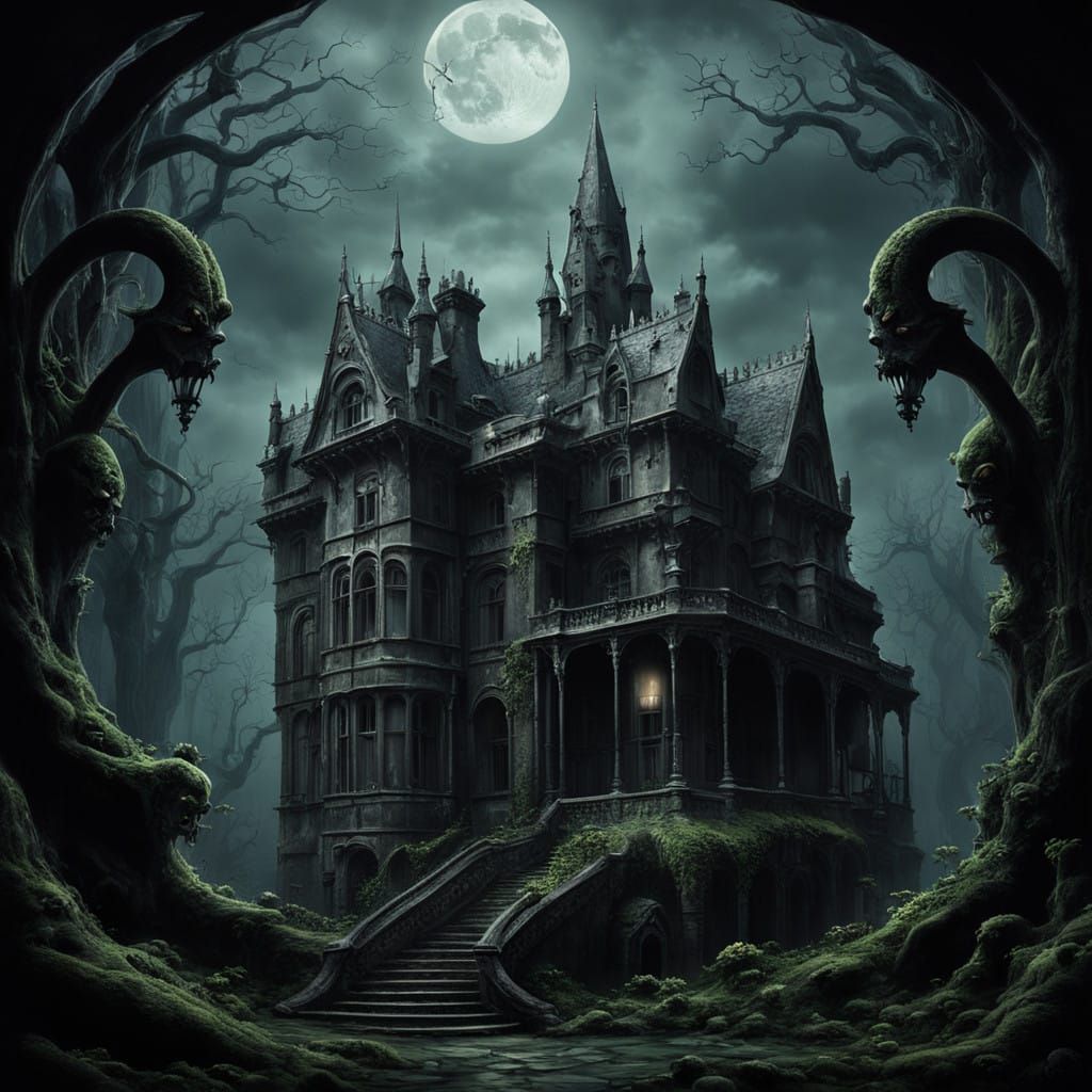 Gothic Horror Mansion in Eerie Mist - AI Art