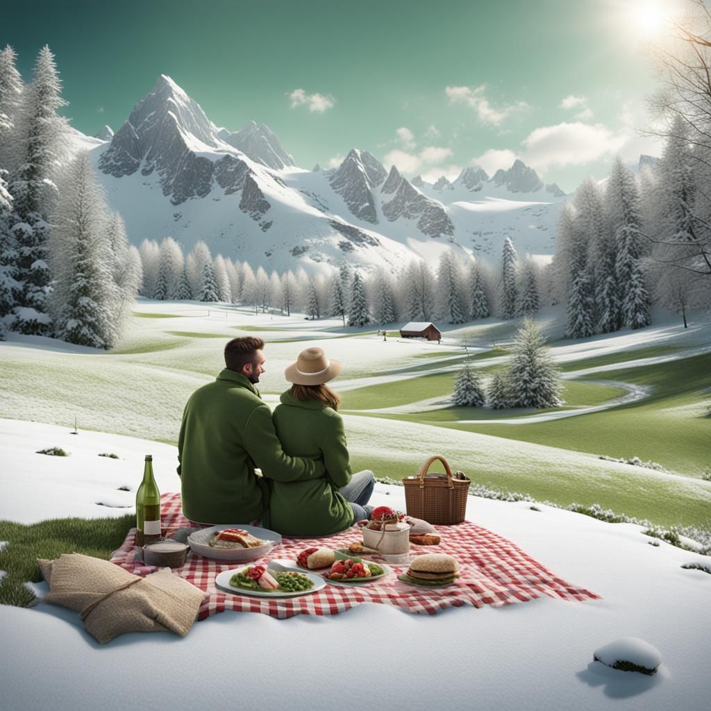 Couple having a picnic on a green grassy clearing surrounded with snow ...