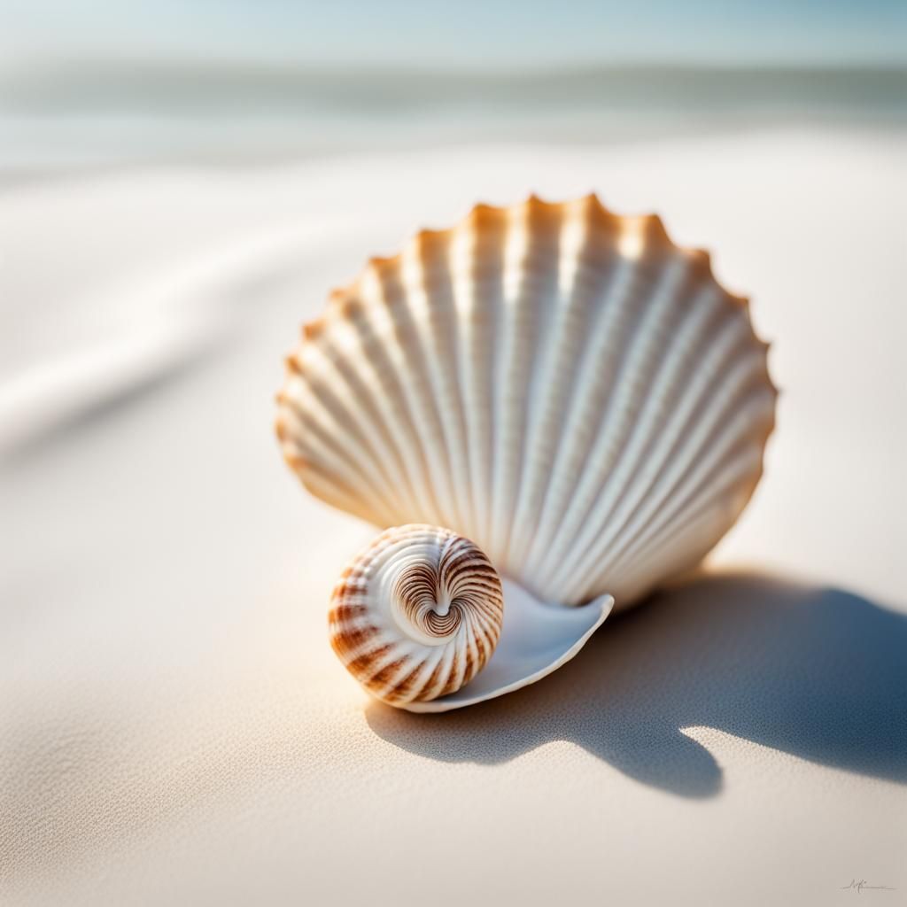 "Compose a realistic photograph of a solitary seashell resting on a ...