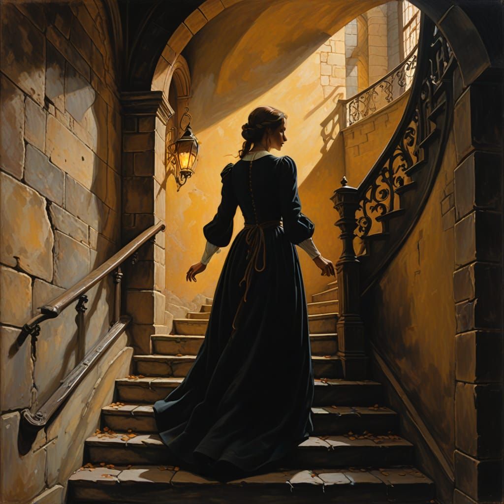A medieval maiden walking up a castle stairway