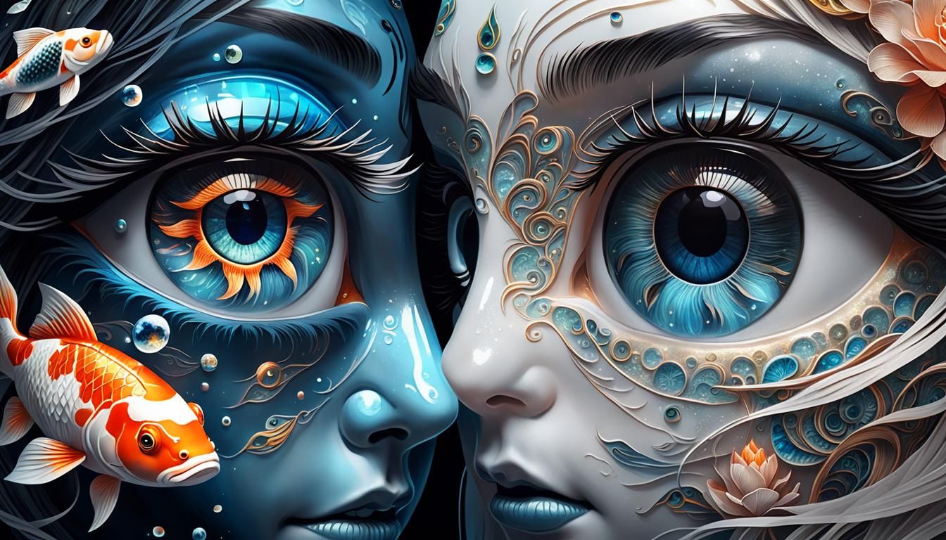 Ying and yang symbols depicted in two glass crystal eyes with koi fish ...