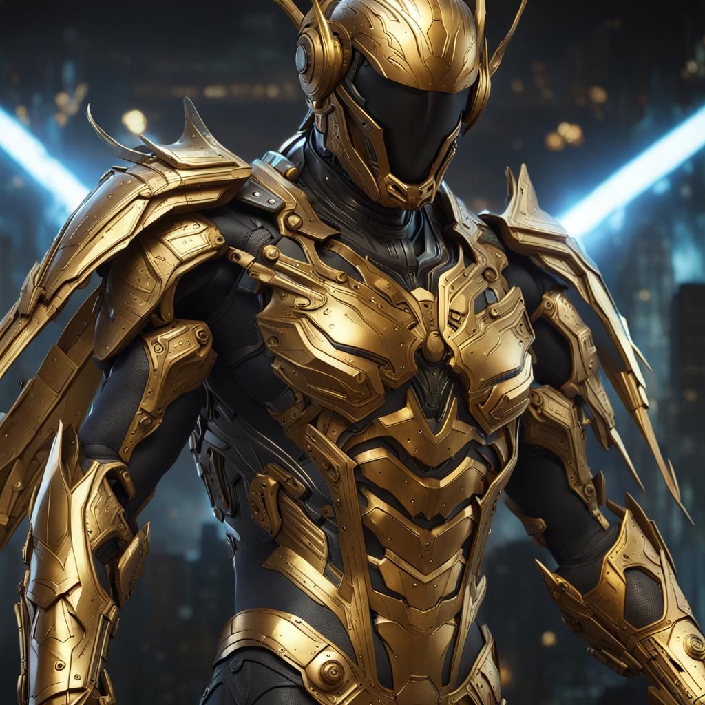 Highly detailed superhero with cybernetic suit, full helmet, suit color ...