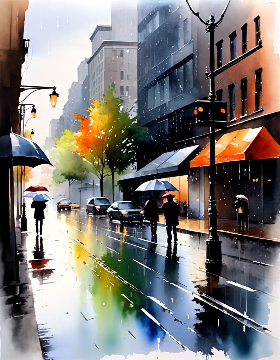 rain in the city - City Streets Drenched in Rainy Watercolor...