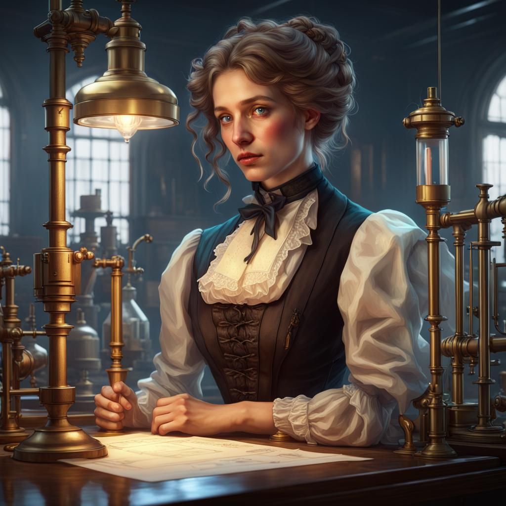sick young lady victorian inventor looking over a table in a laboratory ...