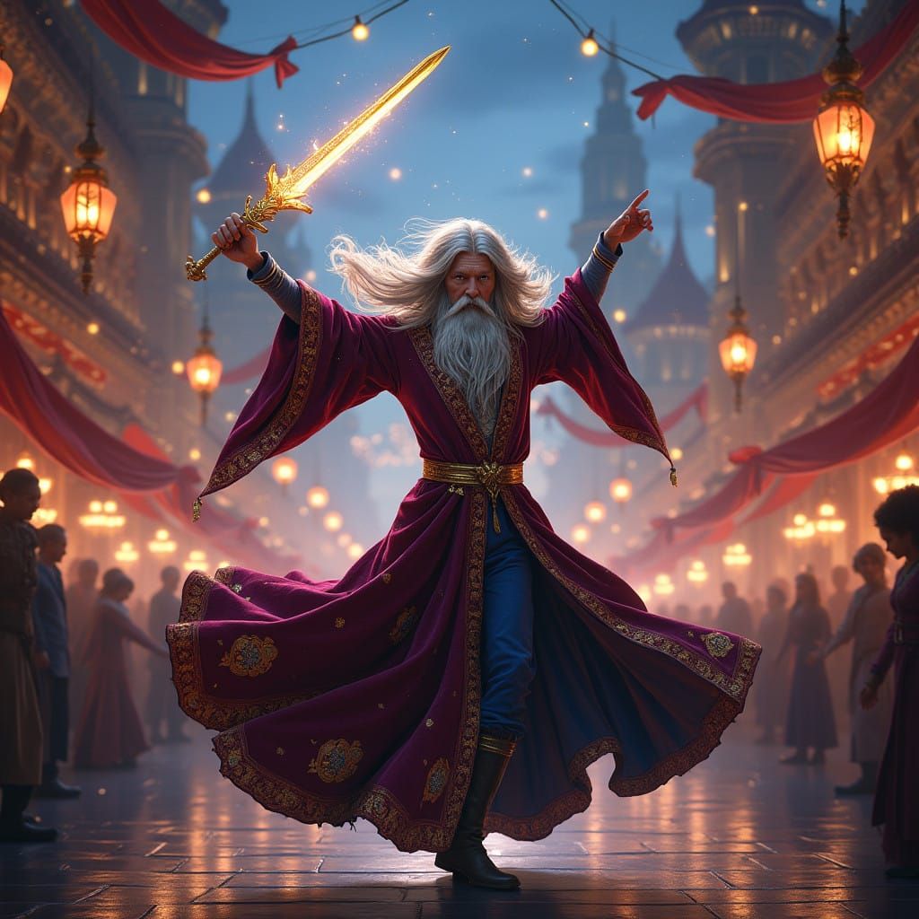Elmster Dancing - Majestic Wizard Dancing Amidst Vibrant Ca...