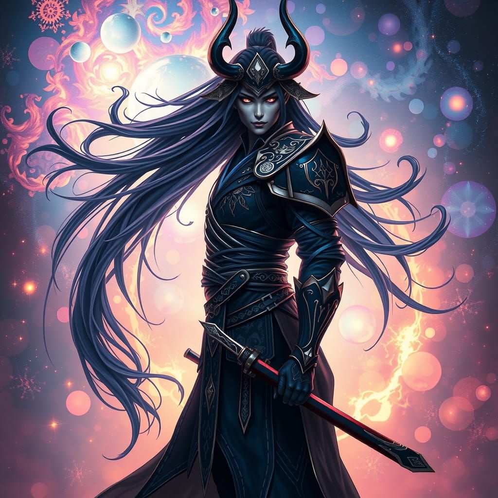 Regal Drow Elf Samurai in Vibrant Nebula with Art ... - AI Art