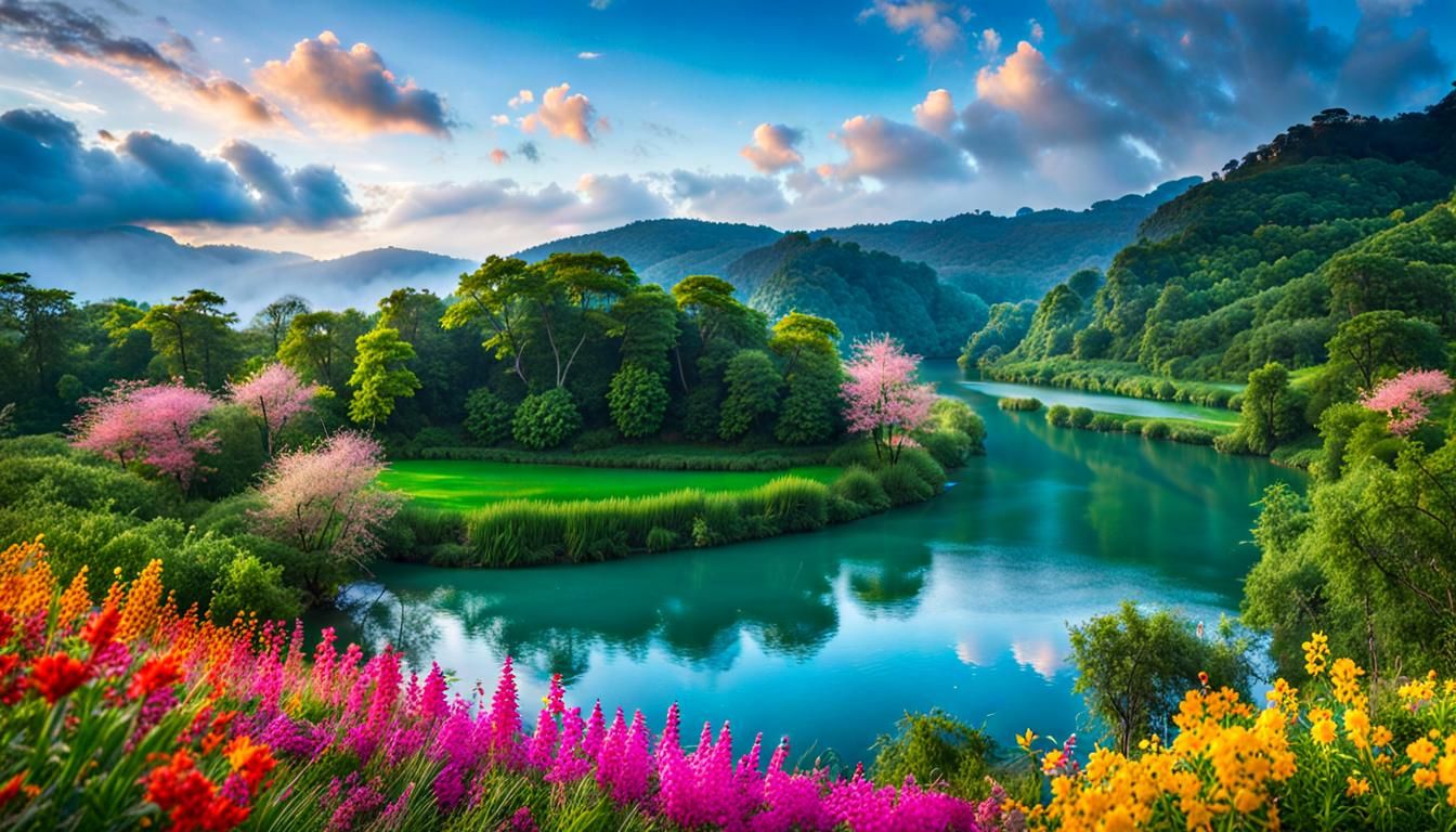 photo of a beautiful riverside landscape, richly textured vegetation ...