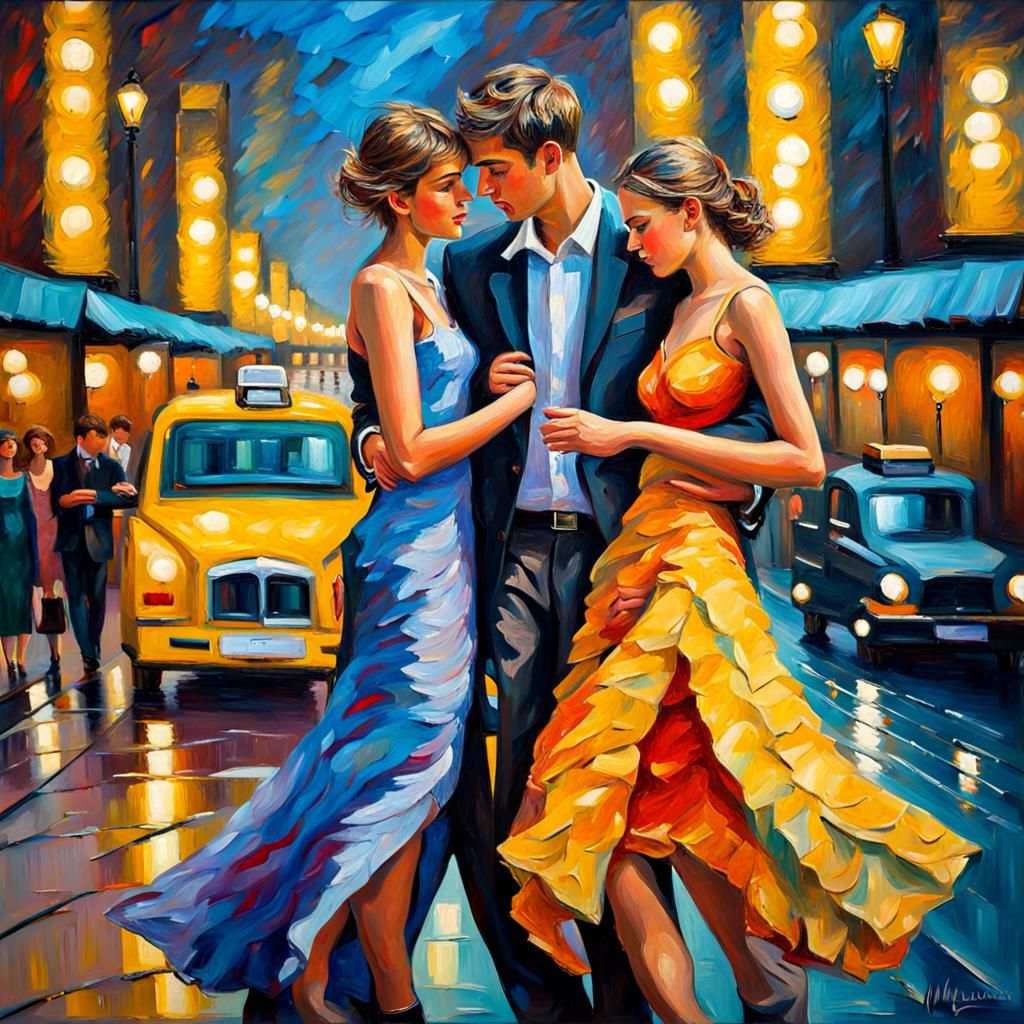 Young couple pretty dressed up modern fashion in a busy street taxis ...