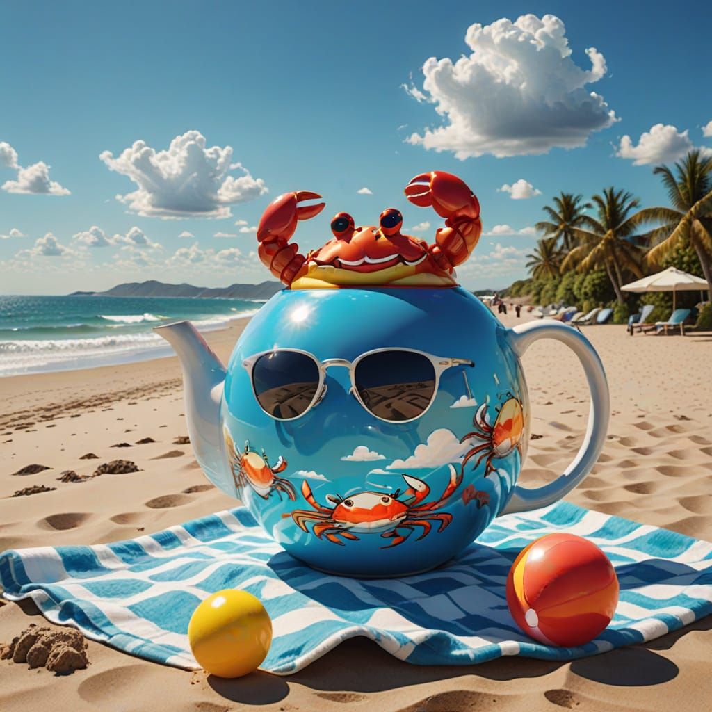 Surreal Summer Scene: Teapot's Beachside Terror - AI Art